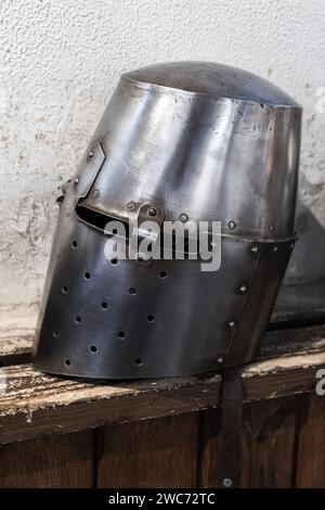 Medieval crusader knight armor, closed iron helmet and chain mail ...