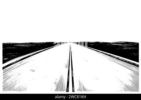 Simple road hand drawn ink sketch highway landscape. Engraved style ...