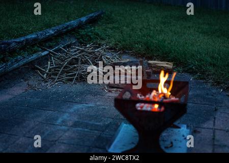 Campfire, fire pit filled with burnt wood and flames. Chopped fire wood ...