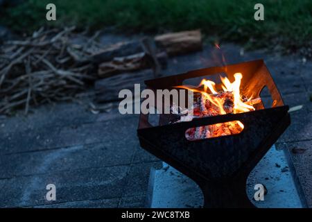 Campfire, fire pit filled with burnt wood and flames. Chopped fire wood ...