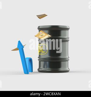 3D objects with rising arrows and flying coins and oil barrels Stock ...