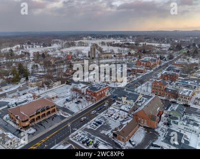 Early evening winter aerial photo of the four corners in the Village of ...