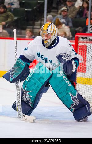 January 5, 2024: New York goalie Abbey Levy (39) warms up before a PWHL ...