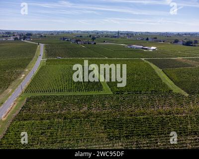 Aerial view on Pomerol village, production of red Bordeaux wine, Merlot ...