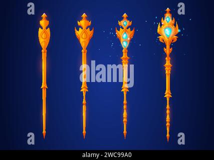 Game rank wizard staffs set isolated on background. Vector cartoon ...