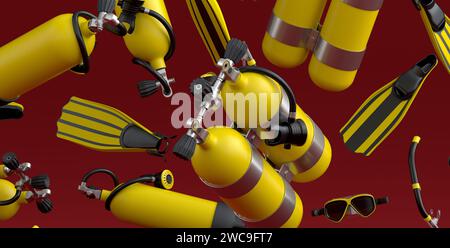 Many of flying scuba stuff like oxygen tank, flip flops and scuba mask ...