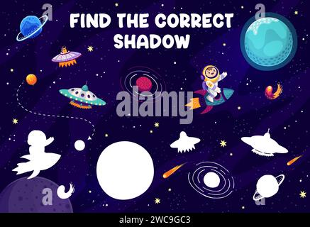 Find the correct shadow of rocket and UFO spaceships kids game ...