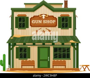 Western Wild West, gun shop building in Texas, vector country town ...