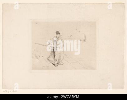 Piping man on the quay, Frans Hens, 1884 print paper etching pipe ...