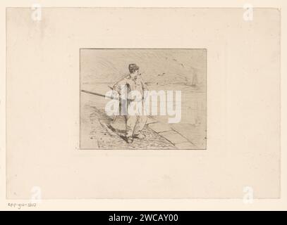 Piping man on the quay, Frans Hens, 1884 print paper etching pipe ...