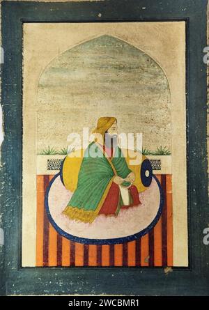 19th century miniature painting of a Sikh warrior seated outdoors and ...