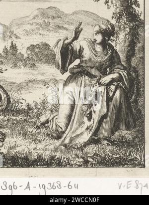 Bloemplukende Woman attacked by a snake, Jan Luyken, 1687 print ...