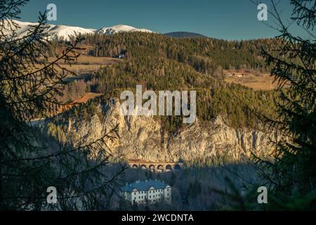 Mountains raiway near Semmering spa town in Austria winter sunny Alps ...