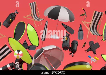 Many of flying suitcase or baggage with beach accessories on white ...