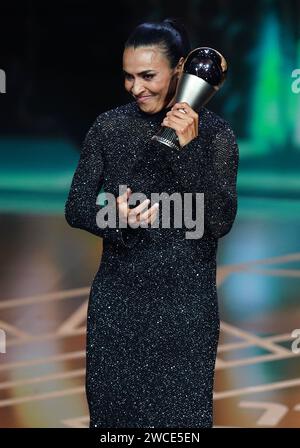 Former Brazilian player Marta speaks on stage after receiving a special ...