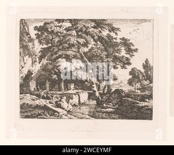 Landscape with two figures and a flock of sheep at an altar, print ...