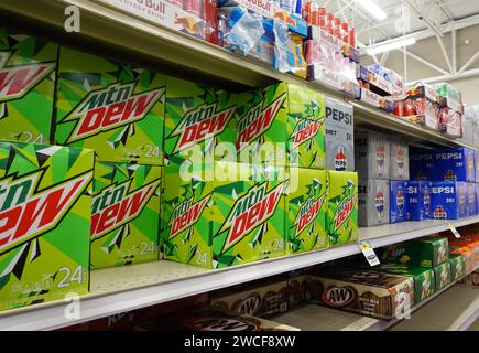 View of different varieites of soda, pop and cola inside an HEB grocery ...
