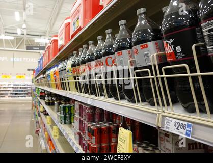 View of different varieites of soda, pop and cola inside an HEB grocery ...
