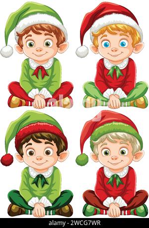 Vector illustration of Four Christmas elves different poses Stock ...