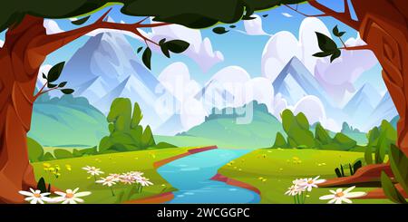 River stream flowing from mountains to meadow with green grass and ...