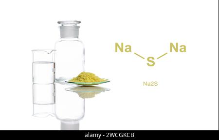 Sodium sulfide flake with chemical formula. Chemical used in the pulp ...