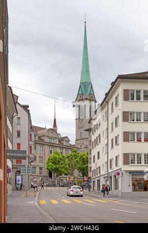 Zurich, Switzerland - June 12 2018: Limmatquai and its county flags ...