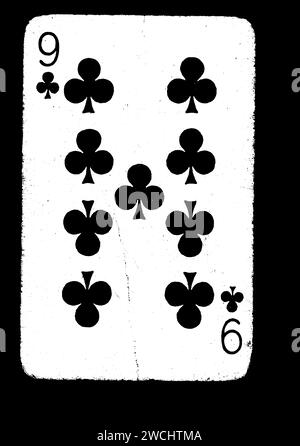 A vintage black nine of clubs playing card isolated on a white ...