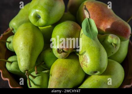 Parisian pear variety. Fruits on the table. Autumn harvest. Pears top ...