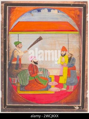 A 19th-century painting depicting Guru Nanak's family, including Guru Nanak, Mata Sulakhni, and ...