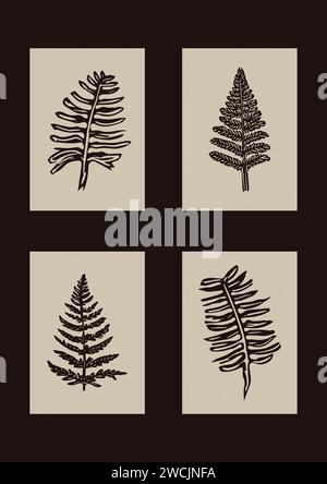 Handmade linocut fern motif clipart in folkart scandi style. Simple ...