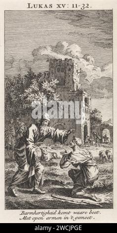 Return of the Lost Son, Anonymous, After Jan Luyken, 1720 print paper etching the parable of the ...