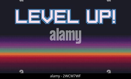 Level Up screen. Pixel video game achievement, pixels 8 bit games ui ...