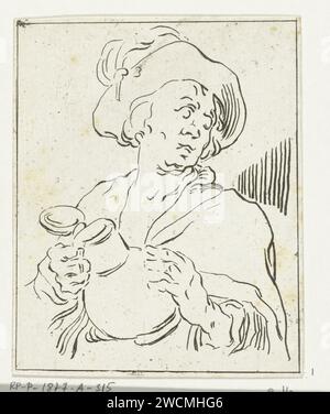 Man with jug. A man with a plume hat and a jug with lid in his hand ...