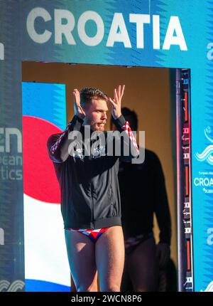 Zagreb. 16th Jan, 2024. Jerko Marinic Kragic (L) of Croatia controls ...