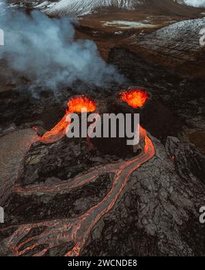 Aerial View of volcanic eruption at Fagradallsfjall, Geldingadalur in ...