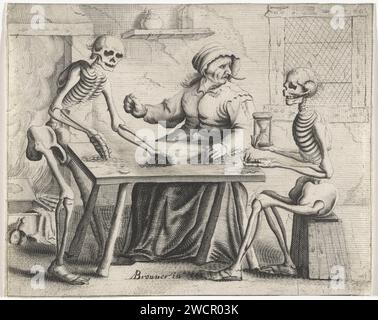 Old woman with two skeletons at the table. An old woman is sitting at a ...