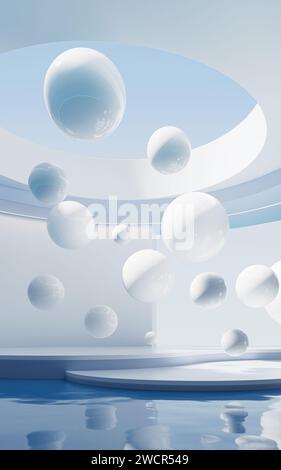Floating balls and water surface background, 3d rendering. 3D ...