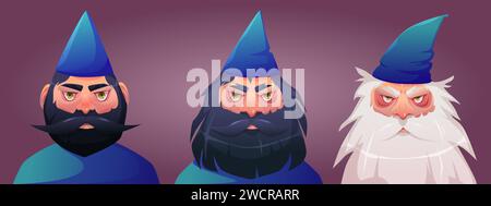 Old wizard portrait with grey beard and magic hat. Fantasy mage ...