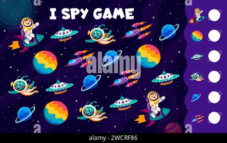 I spy game for kids, space planets boardgame or guess play, vector ...