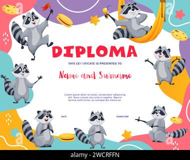 Kids diploma cartoon funny raccoon characters. Educational school or ...