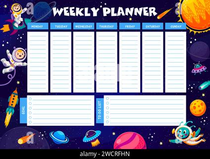 Space timetable with galaxy stars and planets. Vector schedule template ...