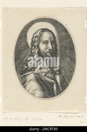 Bust van Christ, in Ovaal, Jacob Matham, After Hendrick Goltzius, 1588 - 1602 print Christ in an ...