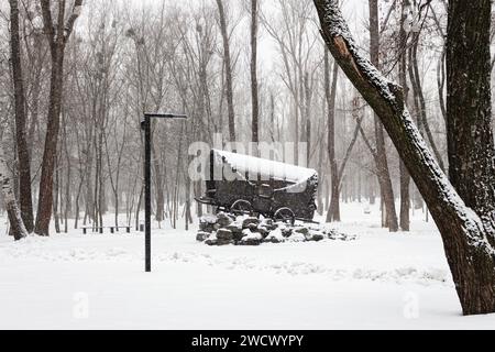Monument of gypsies holocaust in Babi Yar, Kyiv, Ukraine. Gypsy wagon ...