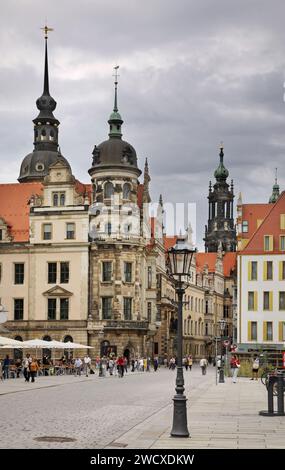 Old town house in Dresden, Germany at night, Europe. Warm light from ...