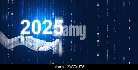 Happy new year 2025. Artificial intelligence, Ai, Robotic hand holding ...