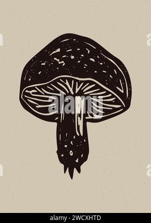 Handmade linocut mushroom motif clipart in folkart scandi style. Simple ...