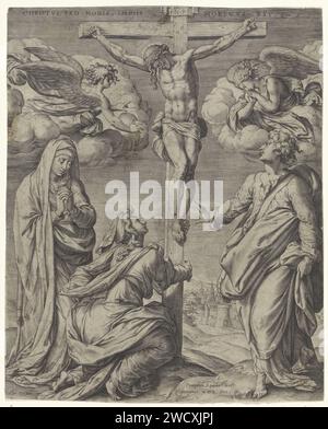 Christ on the cross flanked by Maria and Johannes in a landscape ...