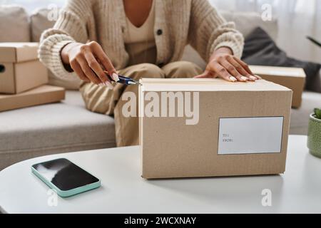african american woman opening parcel box at home Stock Photo - Alamy