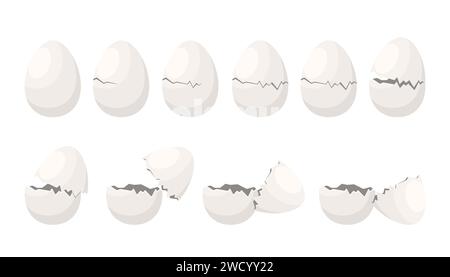 Broken egg set, sequence game animation. Eggshell crack steps for cooking, breaking stages from ...
