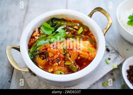 Spicy Chinese style sichuan fish hot pot served with jasmine rice Stock ...